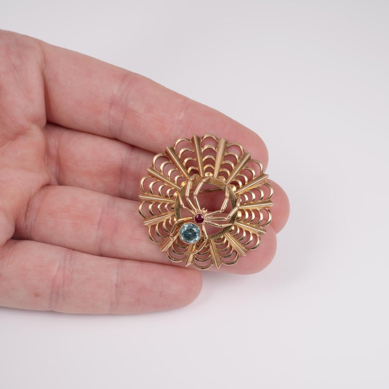 Vintage Gold Spider Web Brooch 0.78 Carat Zircon and Ruby Gemstone ...