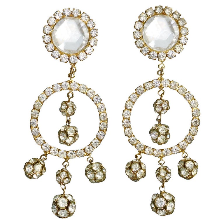 Vintage Gold Tone Diamante Long Dangling Earrings with Rondelles, Circa ...