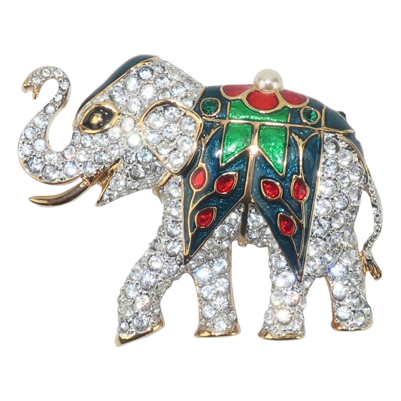 Vintage Gold Tone Enamel Elephant Brooch With Rhinestones For Sale at ...