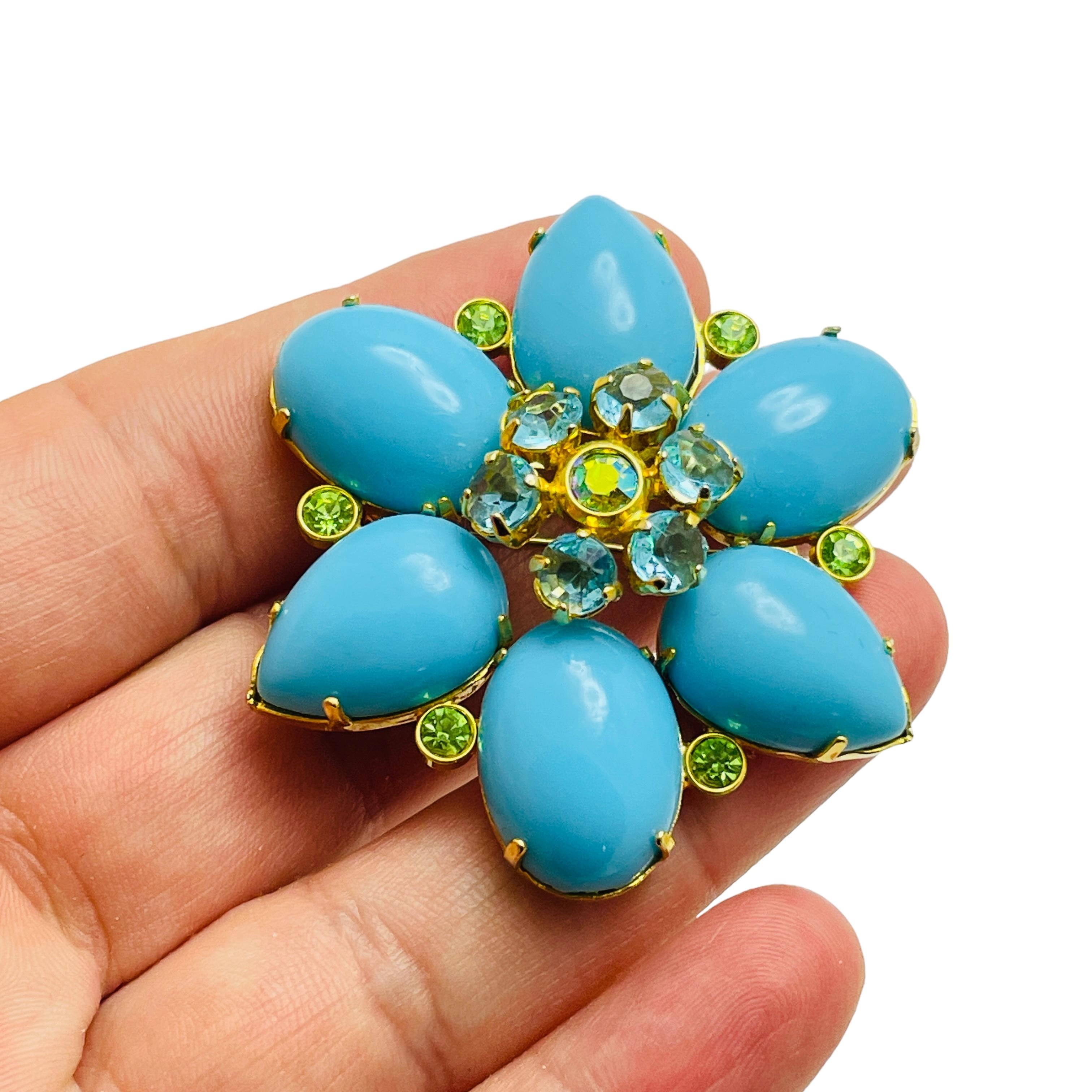 Vintage gold tone faux blue turquoise flower designer brooch For Sale ...