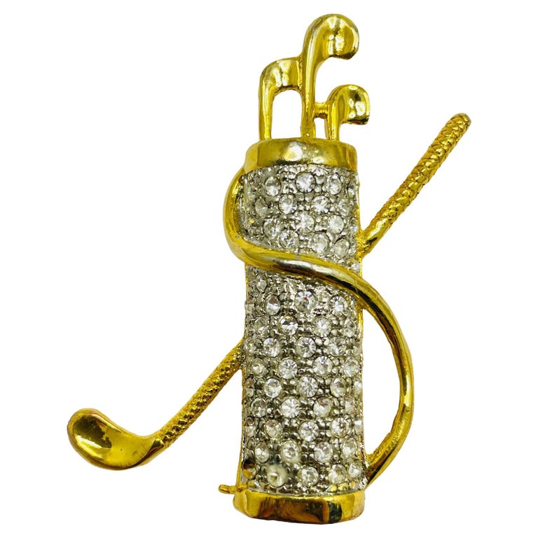 Vintage golf clubs gold rhinestone designer runway brooch For Sale at ...
