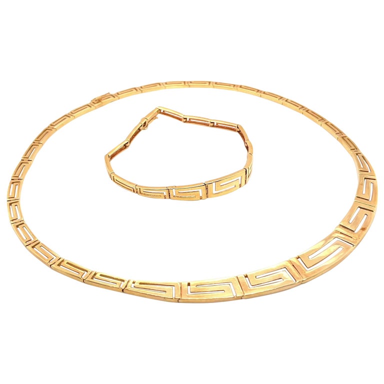 Vintage Greek Key Gold Necklace Bracelet Set For Sale at 1stDibs
