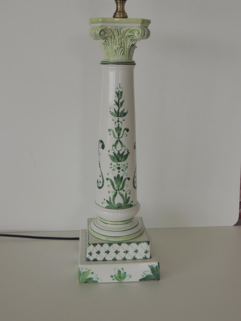 Vintage Green and White Column Table Lamp For Sale at 1stDibs