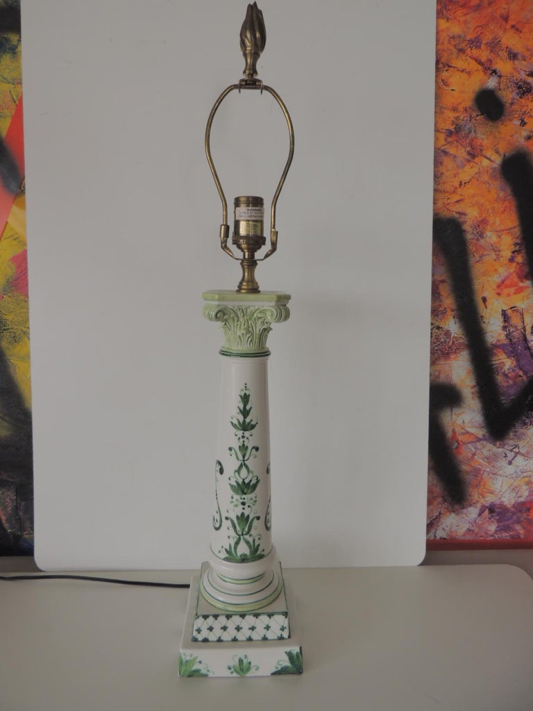 Vintage Green and White Column Table Lamp For Sale at 1stDibs
