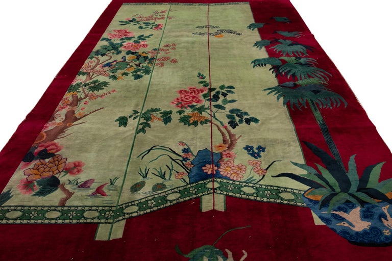 Vintage Green Art Deco Chinese Wool Rug For Sale at 1stDibs
