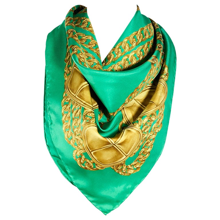Chanel Green Silk Gold Link Printed Scarf For Sale at 1stDibs | green ...