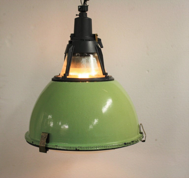 Vintage Green Enamel Industrial Pendant Lights with Glass, Vintage ...