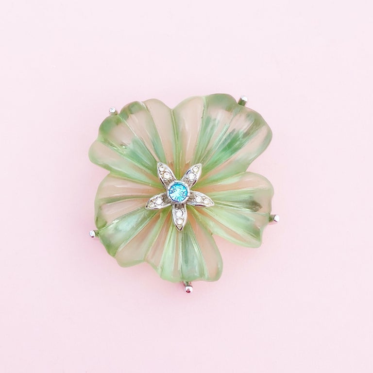 Vintage Green Frosted Lucite Flower Figural Brooch, 1980s at 1stDibs