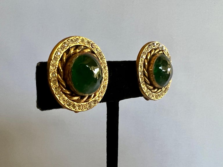 Vintage Green Glass Diamante Coco Chanel Button Earrings For Sale at ...