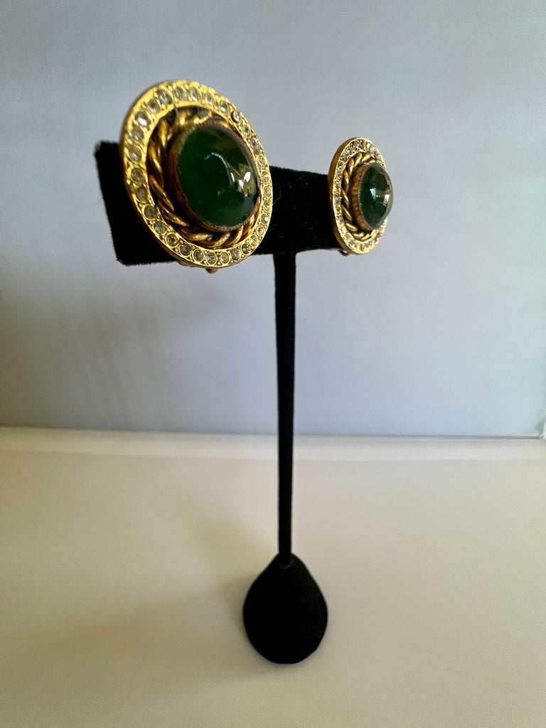 Vintage Green Glass Diamante Coco Chanel Button Earrings For Sale at ...