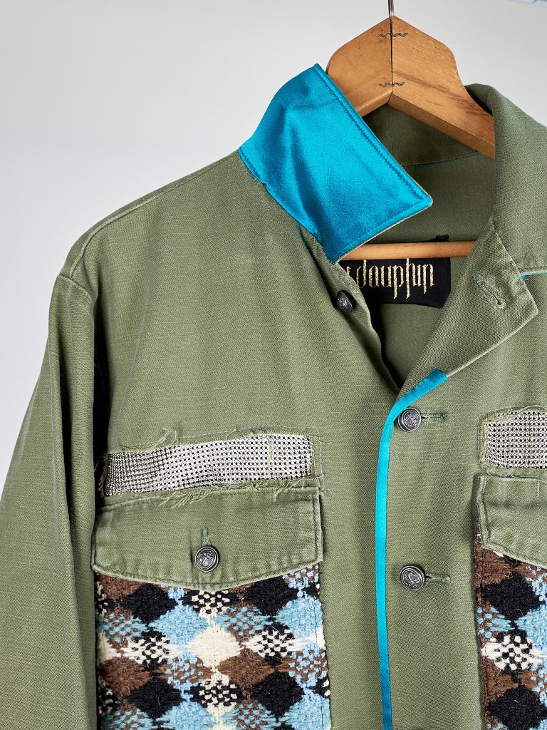 Vintage Green Military Jacket Turquoise Silk Collar Silver Chain Tweed ...