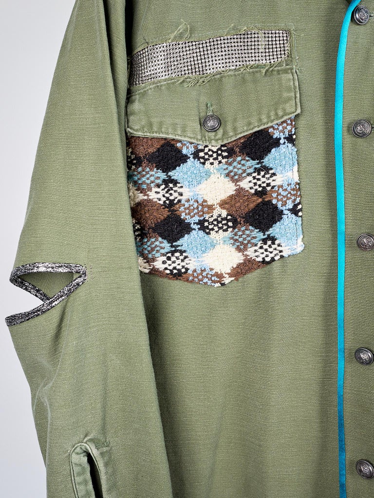 Vintage Green Military Jacket Turquoise Silk Collar Silver Chain Tweed ...