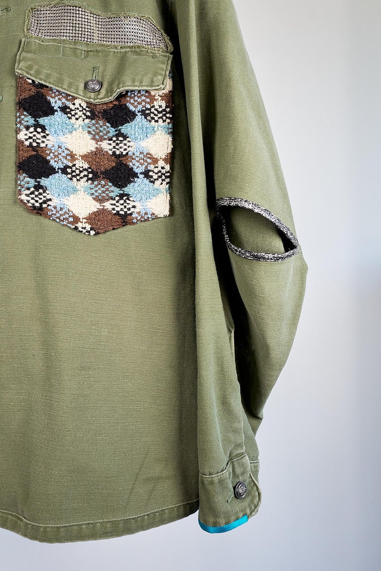 Vintage Green Military Jacket Turquoise Silk Collar Silver Chain Tweed ...