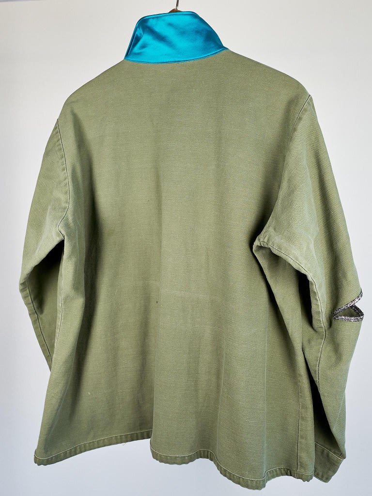Vintage Green Military Jacket Turquoise Silk Collar Silver Chain Tweed ...