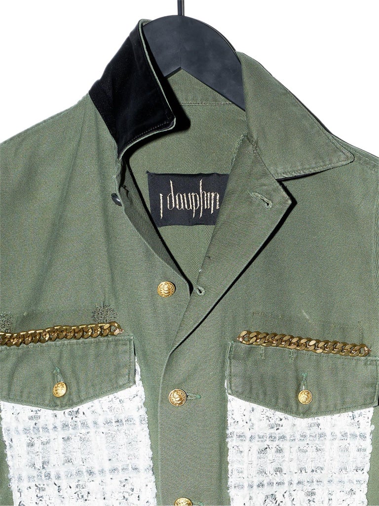 Vintage Green Military Jacket White Silver Lurex Tweed Brass Chain J ...