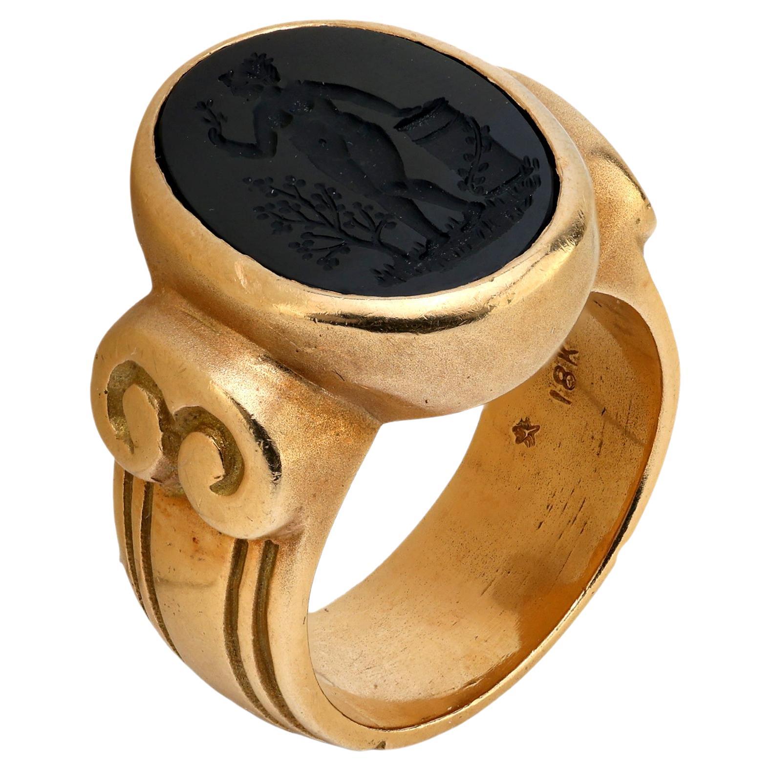 Vintage Italy chrysoprase ruby 18k yellow gold intaglio signet ring For ...