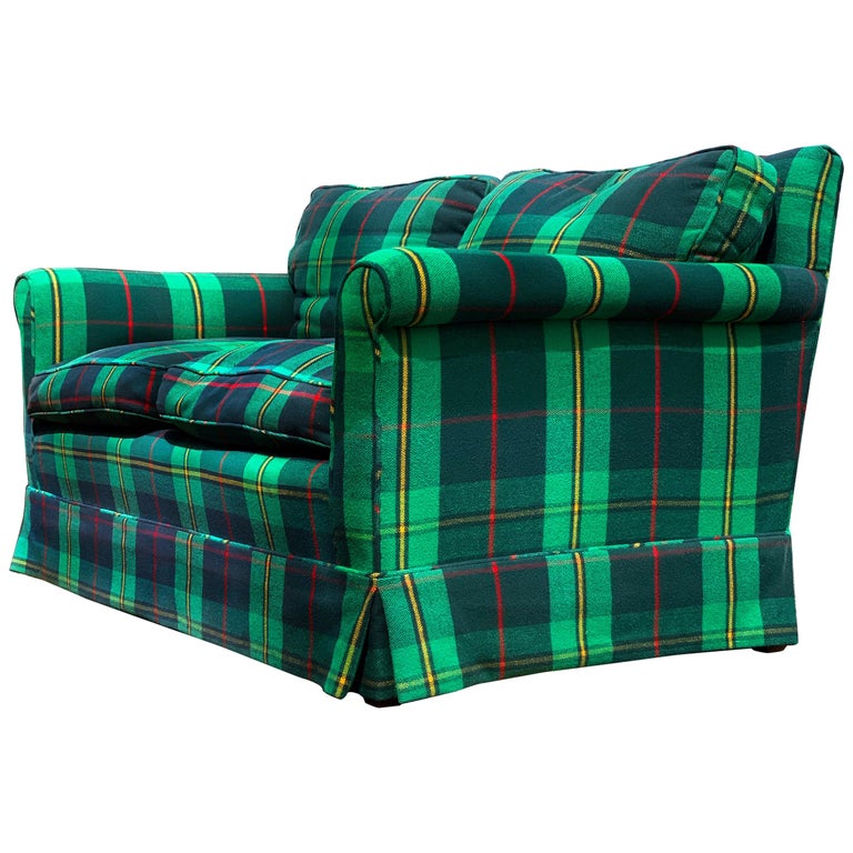 Vintage Green Tartain Plaid Flannel Tweed Custom Down-Filled Loveseat ...