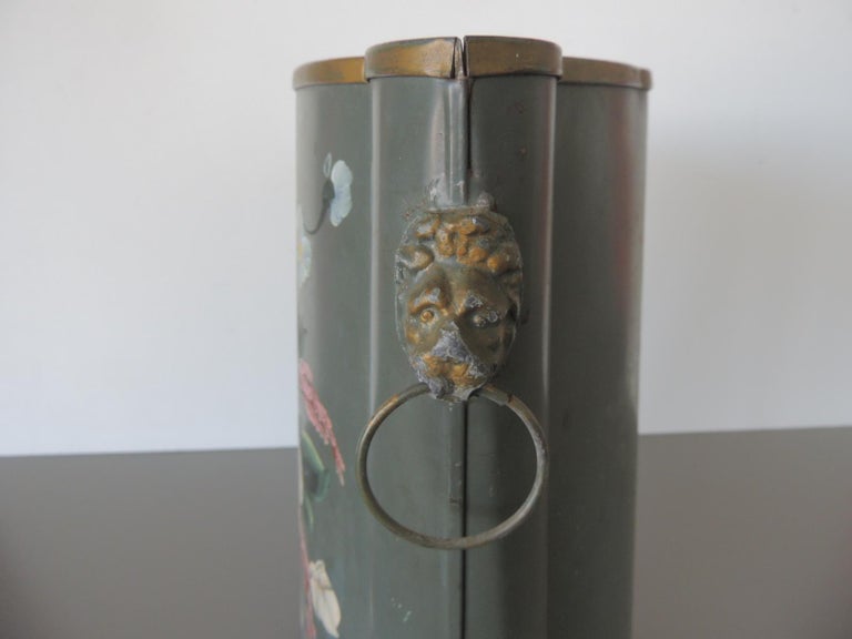 Vintage Green Toleware Hand Painted Oval Wastebasket For Sale at 1stDibs