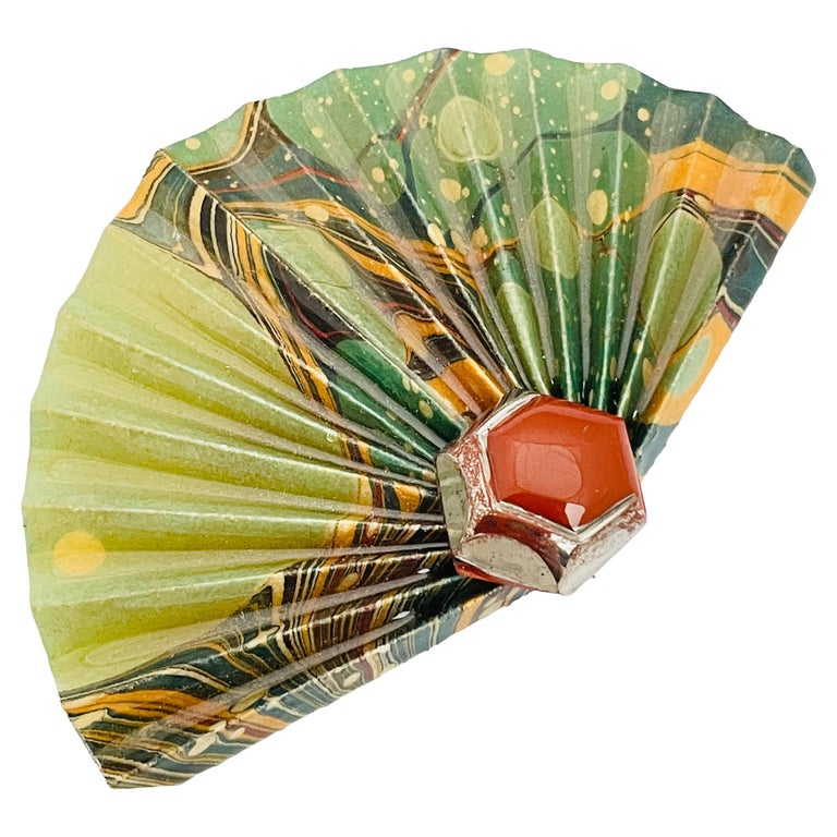 Vintage green tone fan artisan signed designer brooch at 1stDibs