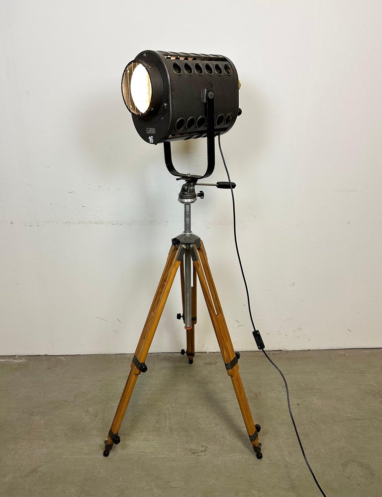 Vintage Grey Theatre Spotlight on Wooden Tripod, 1970s For Sale at 1stDibs
