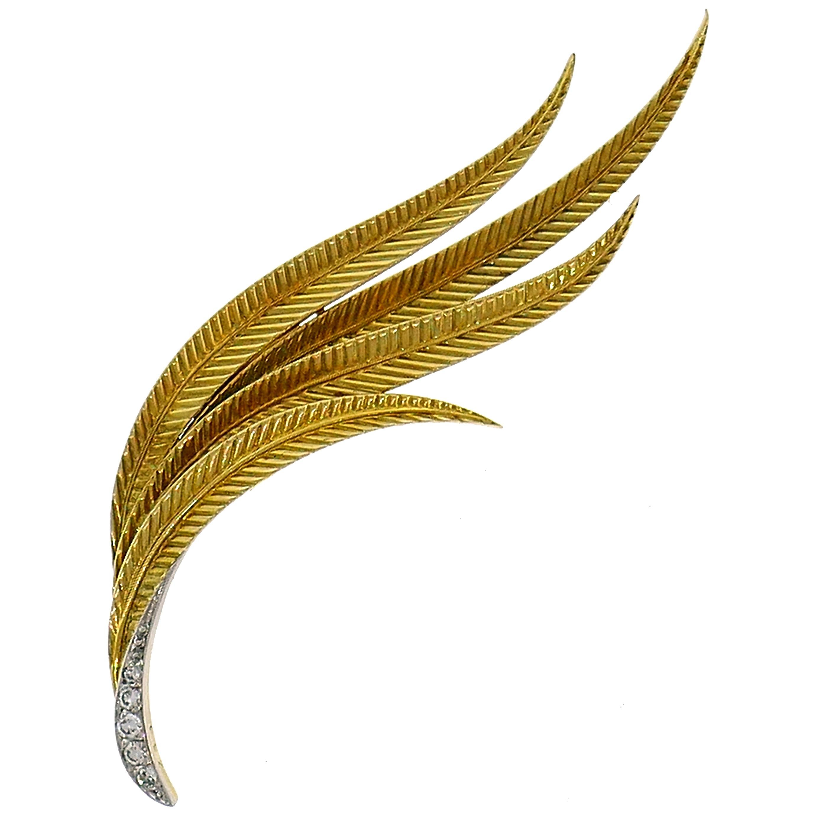 Crystal Quartz Diamond Gold Feather Pin For Sale at 1stDibs