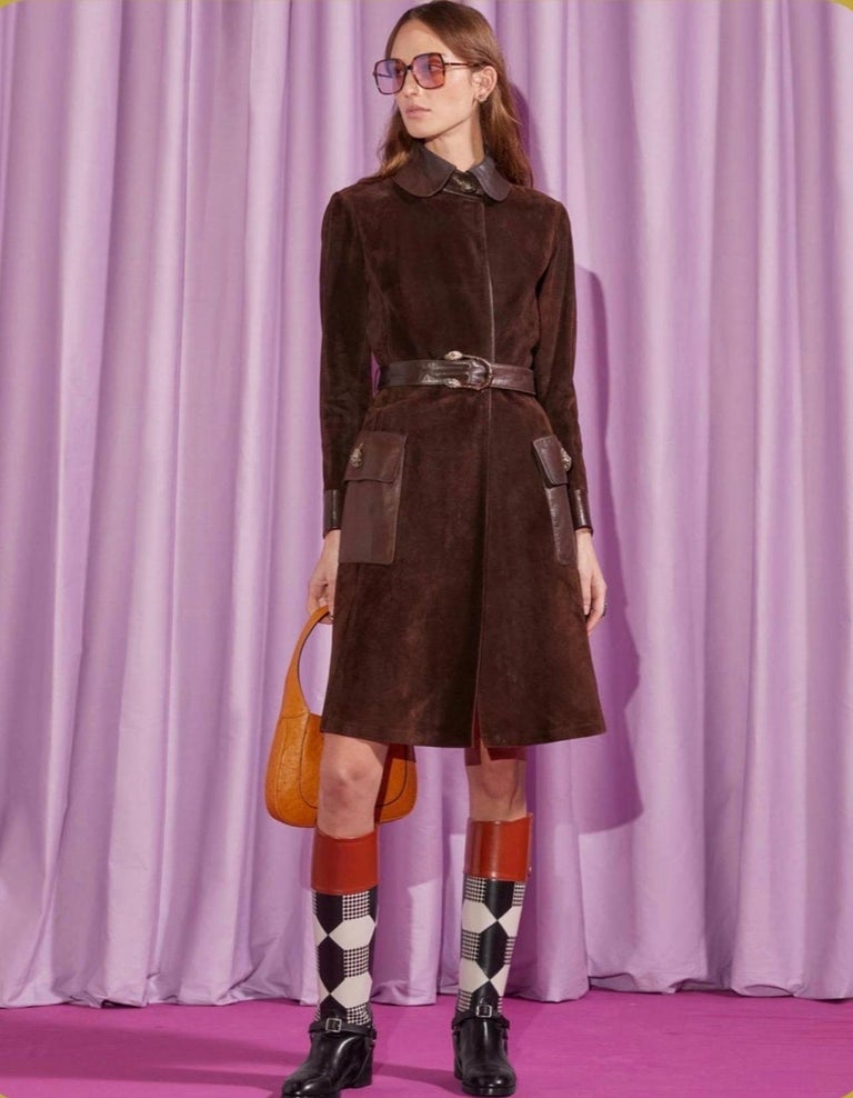 Vintage Gucci 70s Brown Suede Enamel Tiger Head Trench Coat For Sale at ...