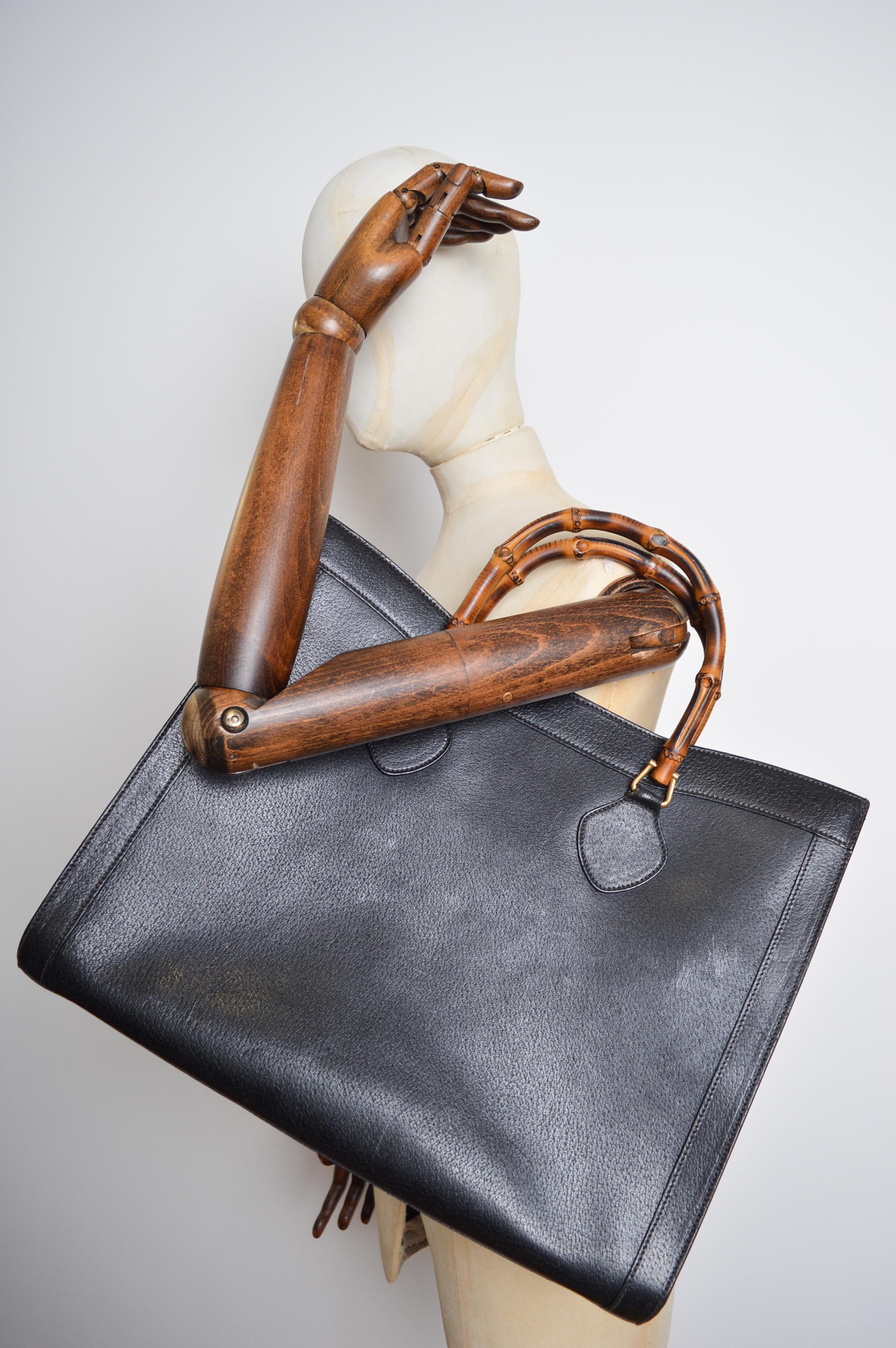 Vintage Gucci Black leather Bamboo Handle Extra Large Diana XL Tote Bag For Sale at 1stDibs