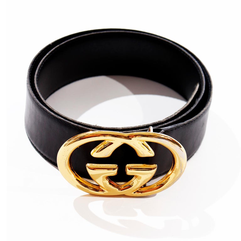 Vintage Gucci Black Leather Belt with Gold Double G Buckle 75-30 at 1stDibs