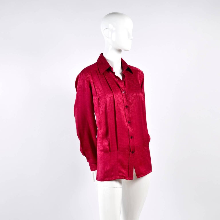 Gucci Vintage Pleated Red Silk Blouse With Tonal Gucci Logo Print at ...
