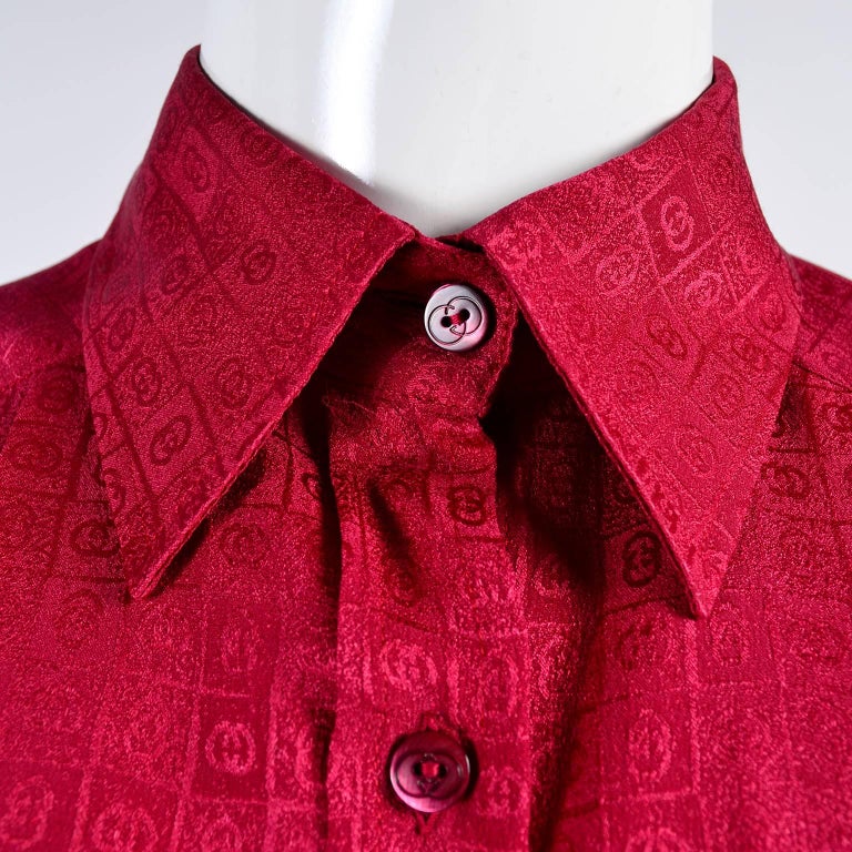 Gucci Vintage Pleated Red Silk Blouse With Tonal Gucci Logo Print at ...