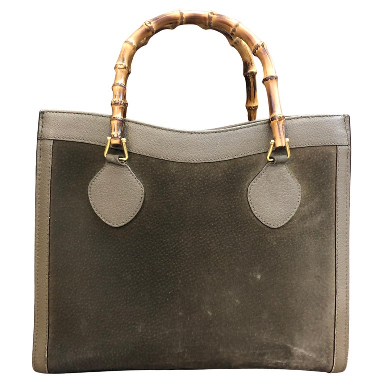 Vintage GUCCI Army Green Suede Leather Bamboo Tote Gucci Diana Tote Bag ...