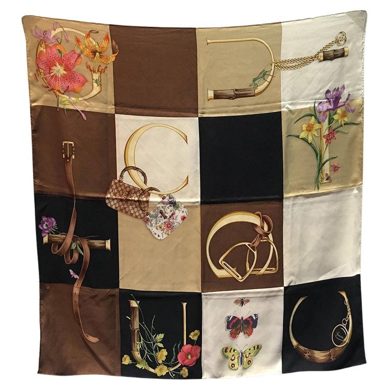 Vintage Gucci Iconic Logo Floral Butterfly Print Silk Scarf For Sale at ...