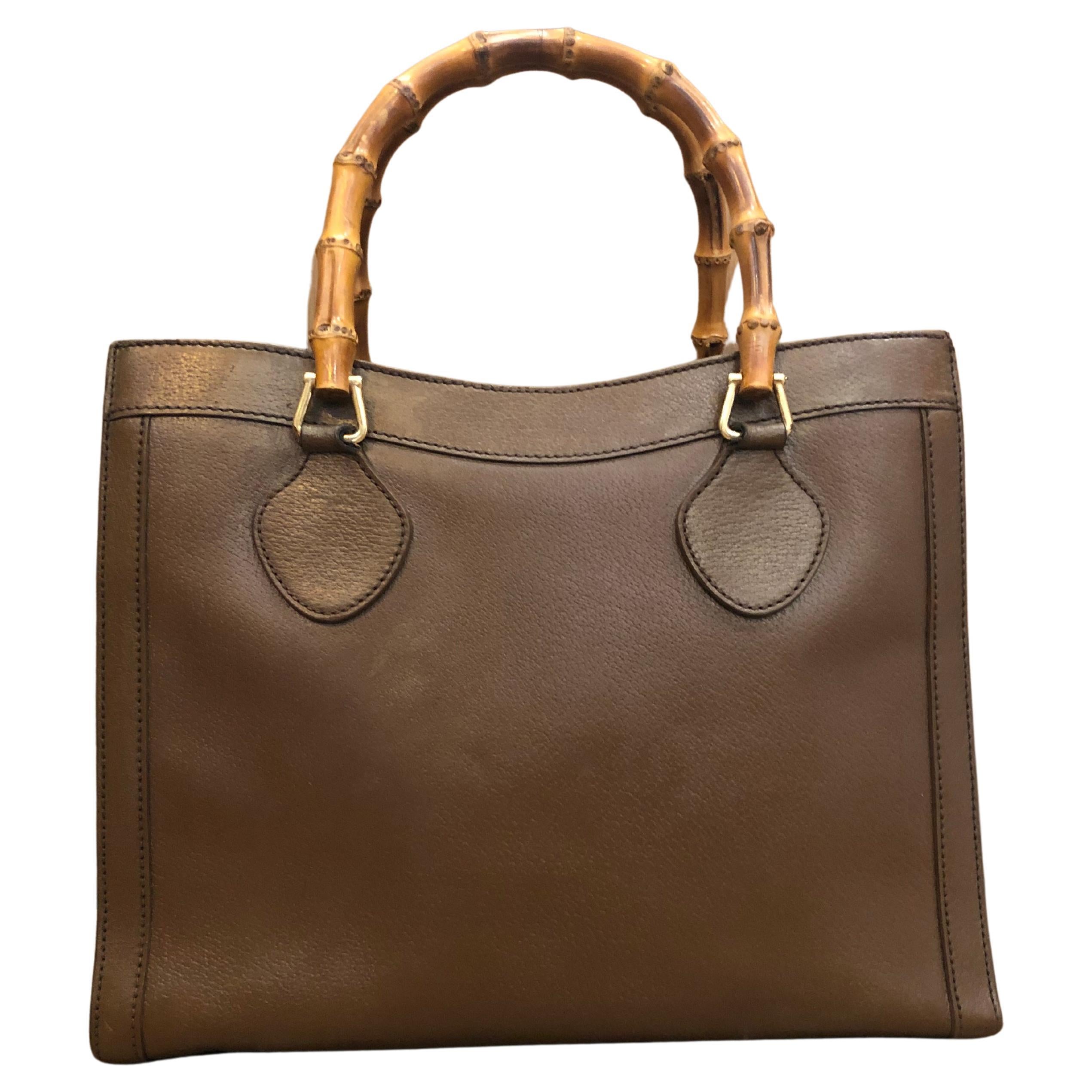 Vintage GUCCI Diana Tote Bamboo Tote Bag Leather Chocolate Brown ...