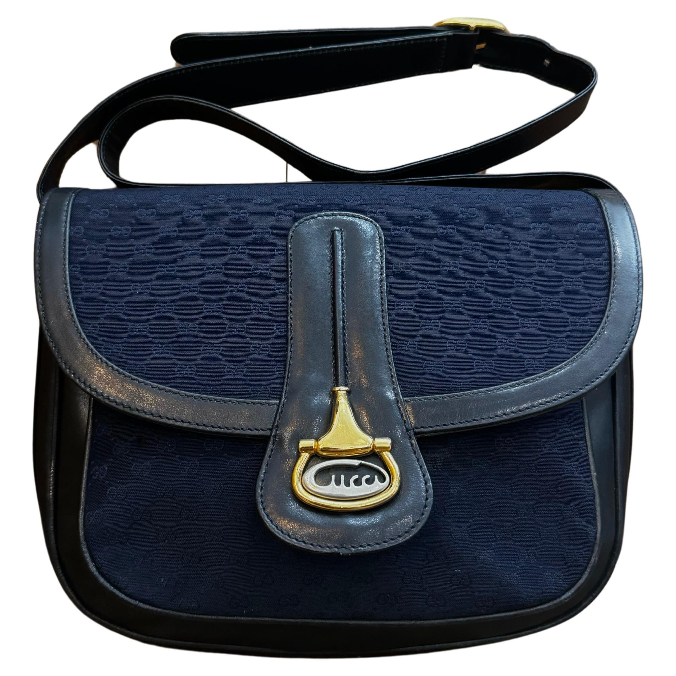 1970s Vintage GUCCI Micro GG Jacquard Leather Shoulder Bag Navy For ...