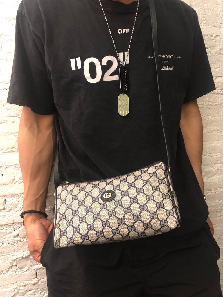 Vintage GUCCI Monogram Canvas Triangle Crossbody Bag Navy For Sale at ...