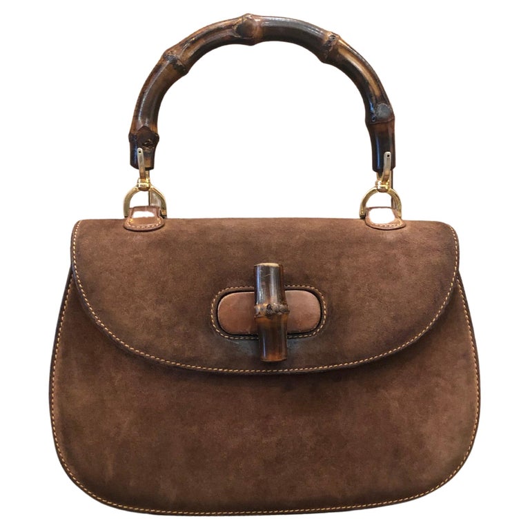 Vintage GUCCI Suede Bamboo Top Handle Handbag For Sale at 1stDibs