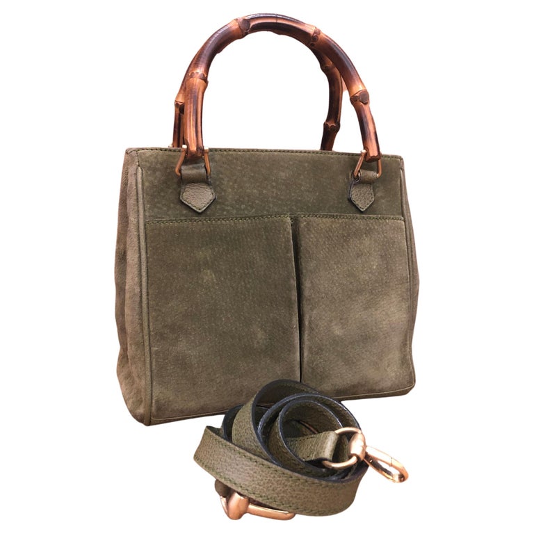 Vintage GUCCI Suede Bamboo Two-Way Crossbody Handbag Olive Small For ...