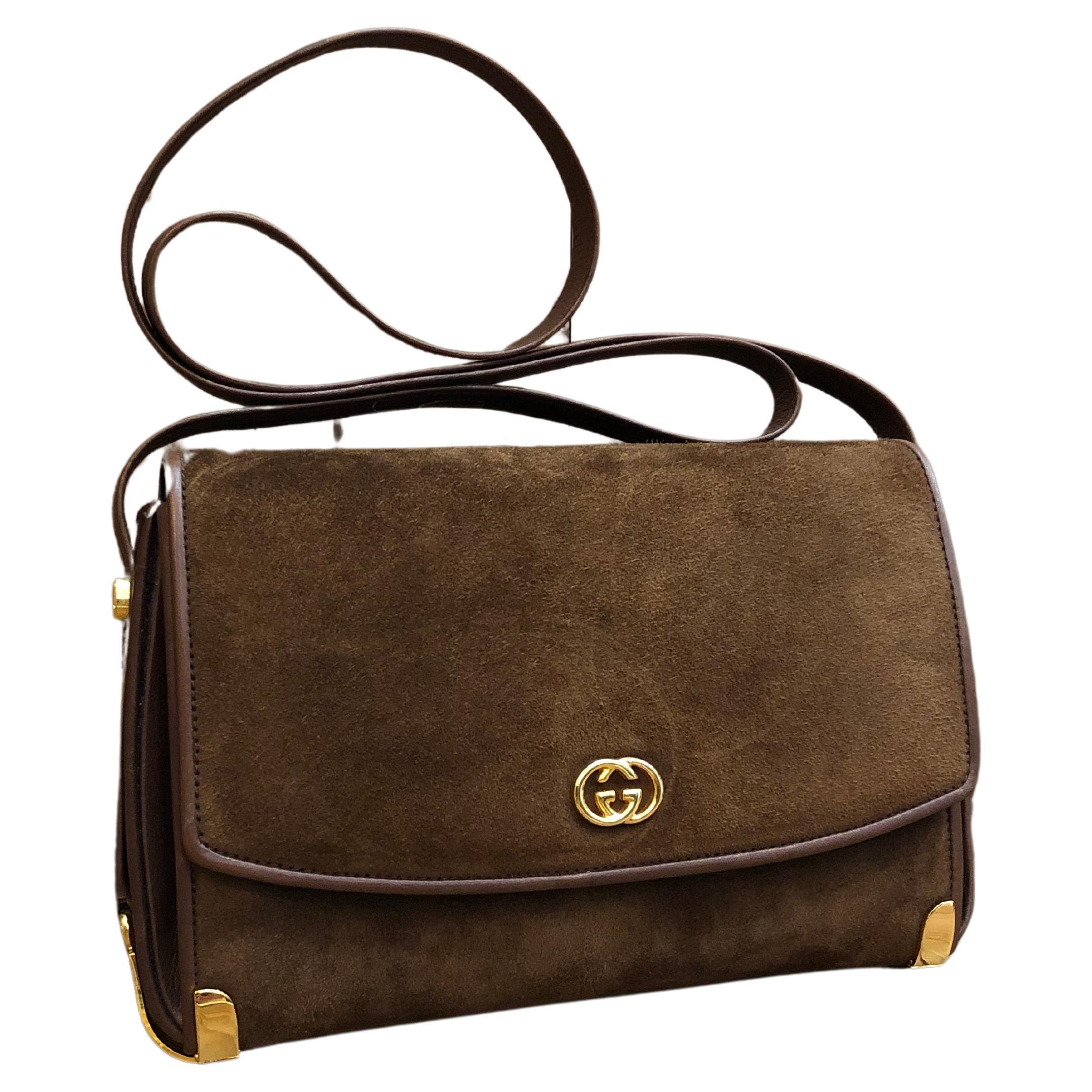 1970s Vintage GUCCI Suede Box Shoulder Bag Chocolate For Sale at 1stDibs
