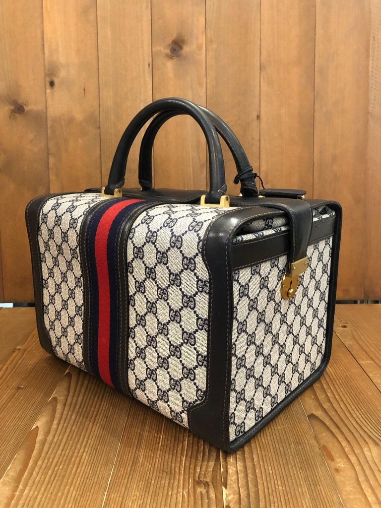 Vintage GUCCI Web Navy GG Monogram Canvas Soft-Sided Vanity Trunk Bag ...