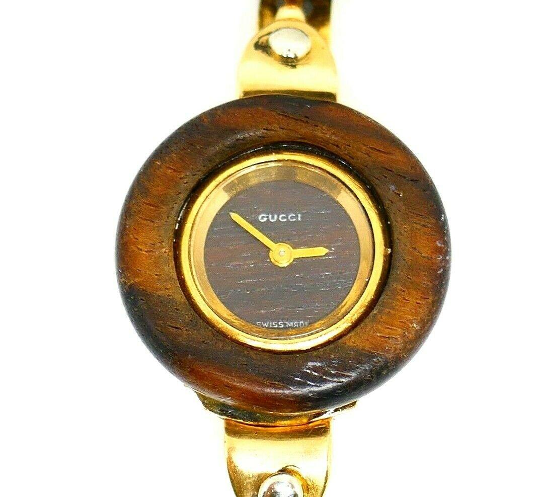 Vintage Gucci Yellow Gold Wood Circle Link Bracelet Watch at 1stDibs ...