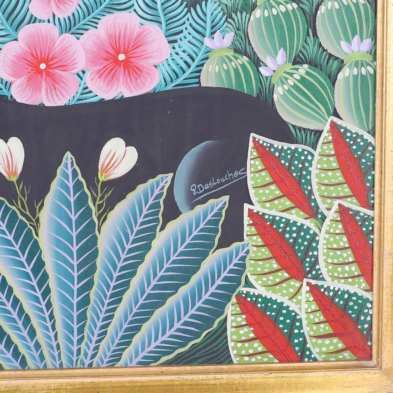 Vintage Haitian Oil Painting on Canvas of a Cat at 1stDibs