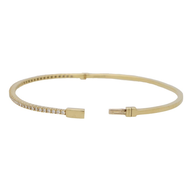 Vintage Half Diamond Set Bangle in 18K Yellow Gold For Sale at 1stDibs