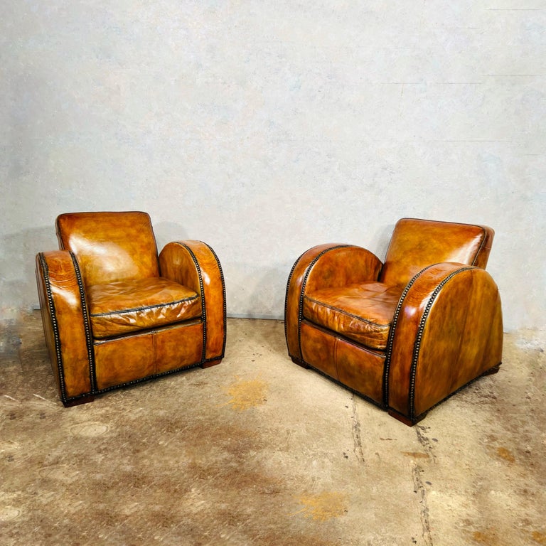 Vintage Halo Art Deco Style Tan Leather Club Chairs Armchairs For Sale ...