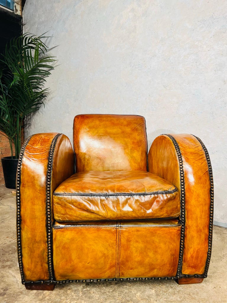 Vintage Halo Art Deco Style Tan Leather Club Chairs Armchairs For Sale ...