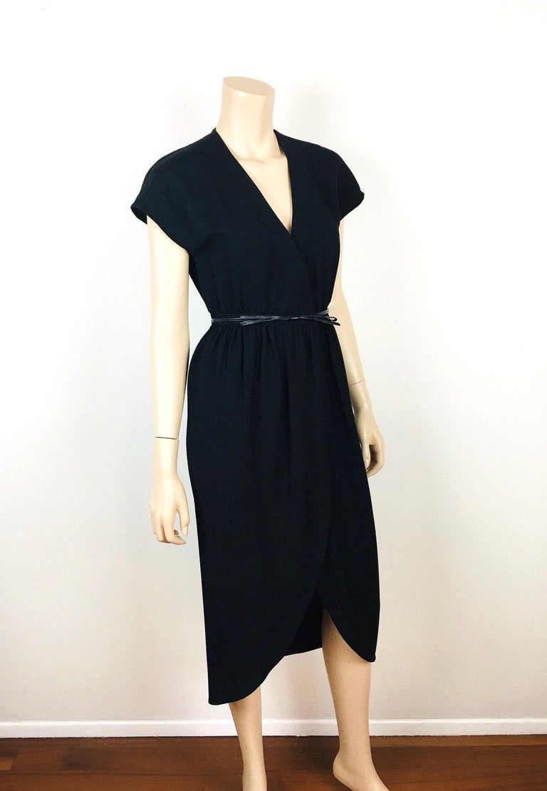 Vintage Halston Black Nubby Silk / Cotton Wrap Dress For Sale at 1stDibs