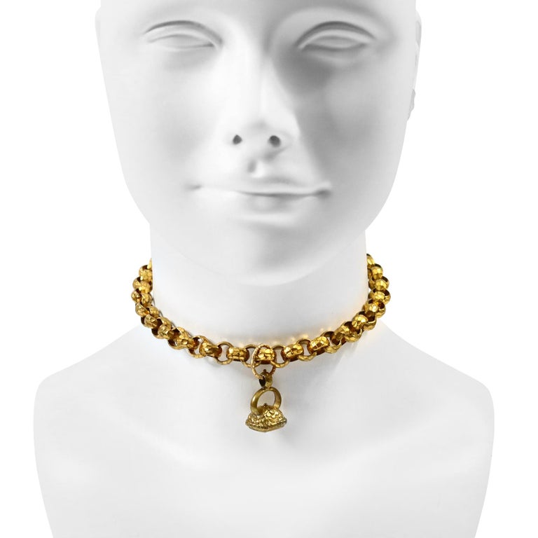 Vintage Hammered Gold Tone Round Link Choker with Victorian Fob For ...