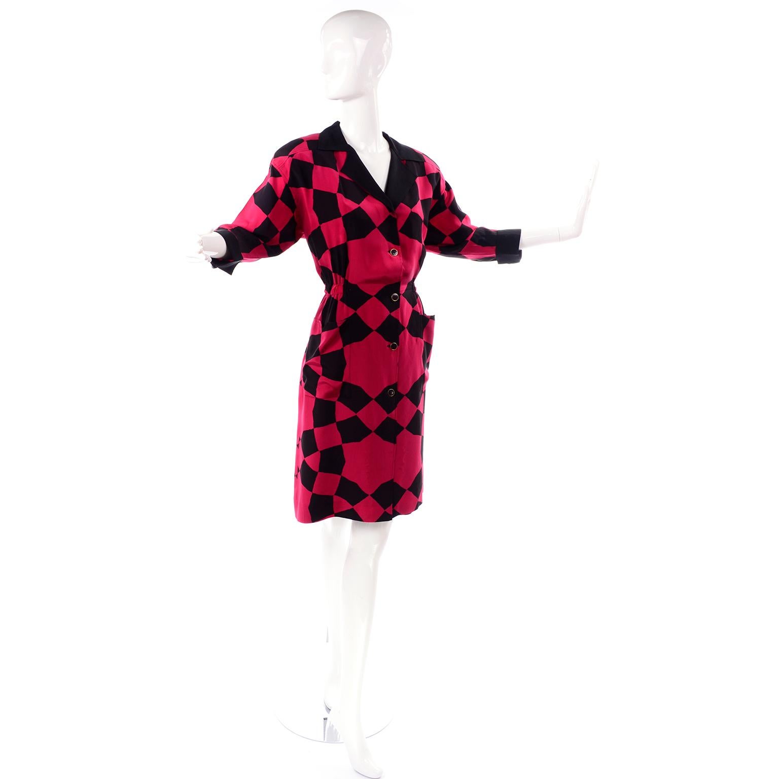 Vintage Hanae Mori Red and Black Geometric Abstract Harlequin Print ...