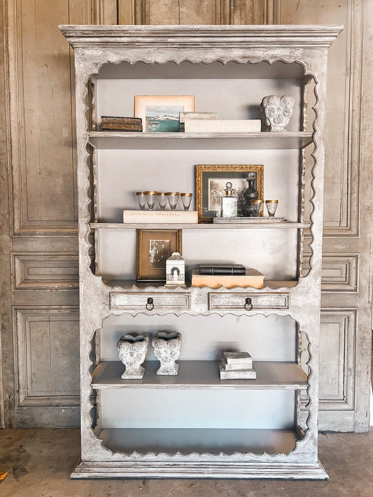 Vintage Hand Carved Bookcase w/ Distressed Greige Finish For Sale at ...