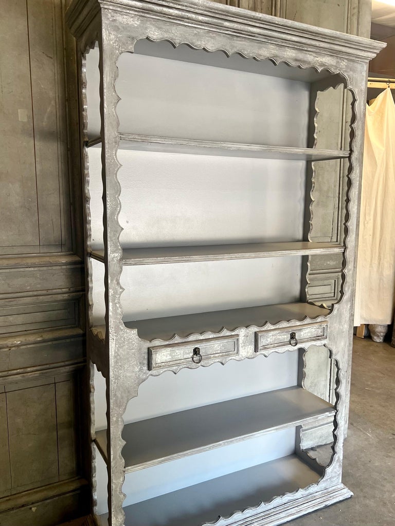 Vintage Hand Carved Bookcase w/ Distressed Greige Finish For Sale at ...