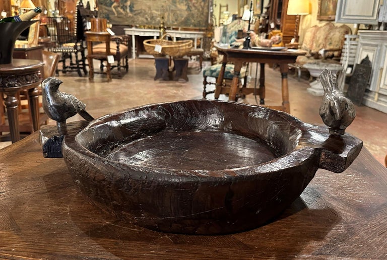 Vintage Hand Carved Chestnut Decorative Bowl With Handles And Iron Bird